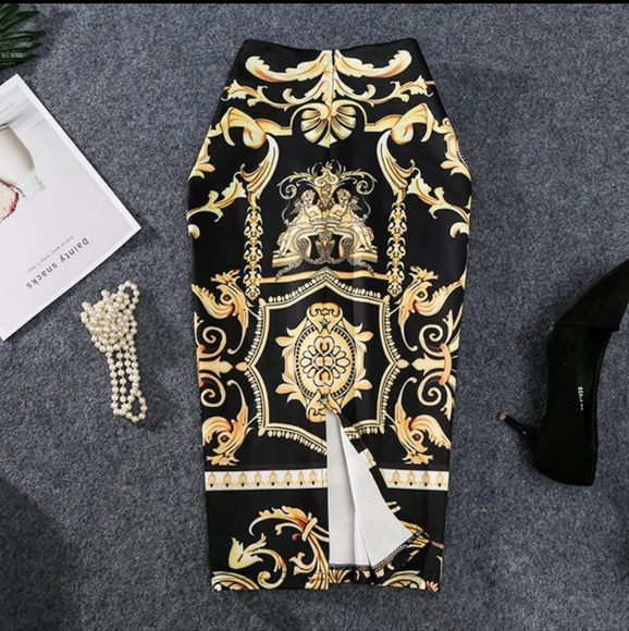 Skirts | Black And Gold Baroque Print Pencil Skirt | Poshmark